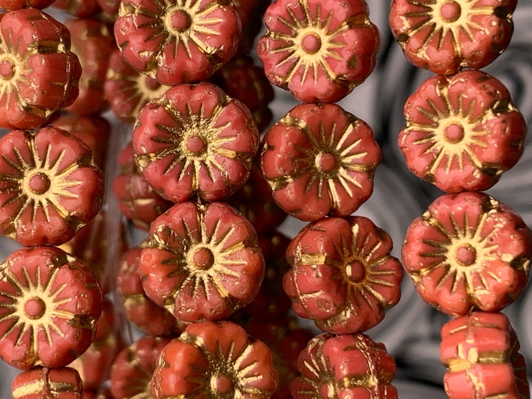 Coral Red Flower Beads W Gold Metallic Wash 8mm Satin Opaque Red Czech ...