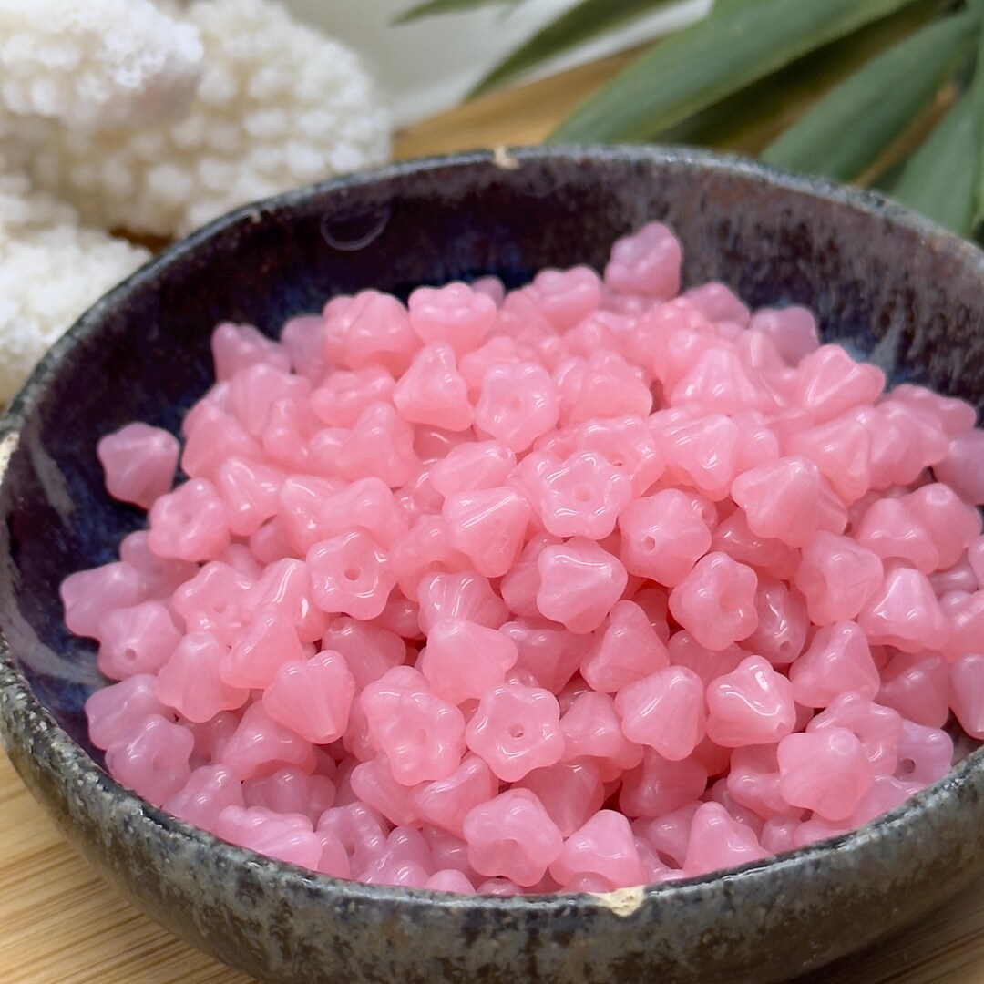 Pink Bell Flower Beads • Tiny Pink Flower Beads • Pink Opaline • Czech ...