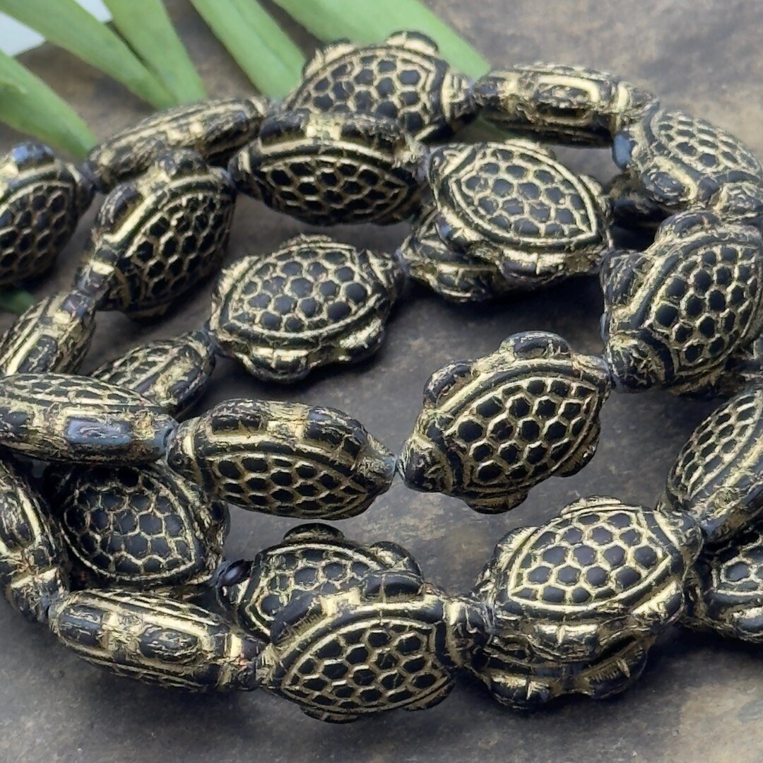 Czech Glass Turtle Beads • 18mm • 4pc • Brown Black and Gold • Sea ...