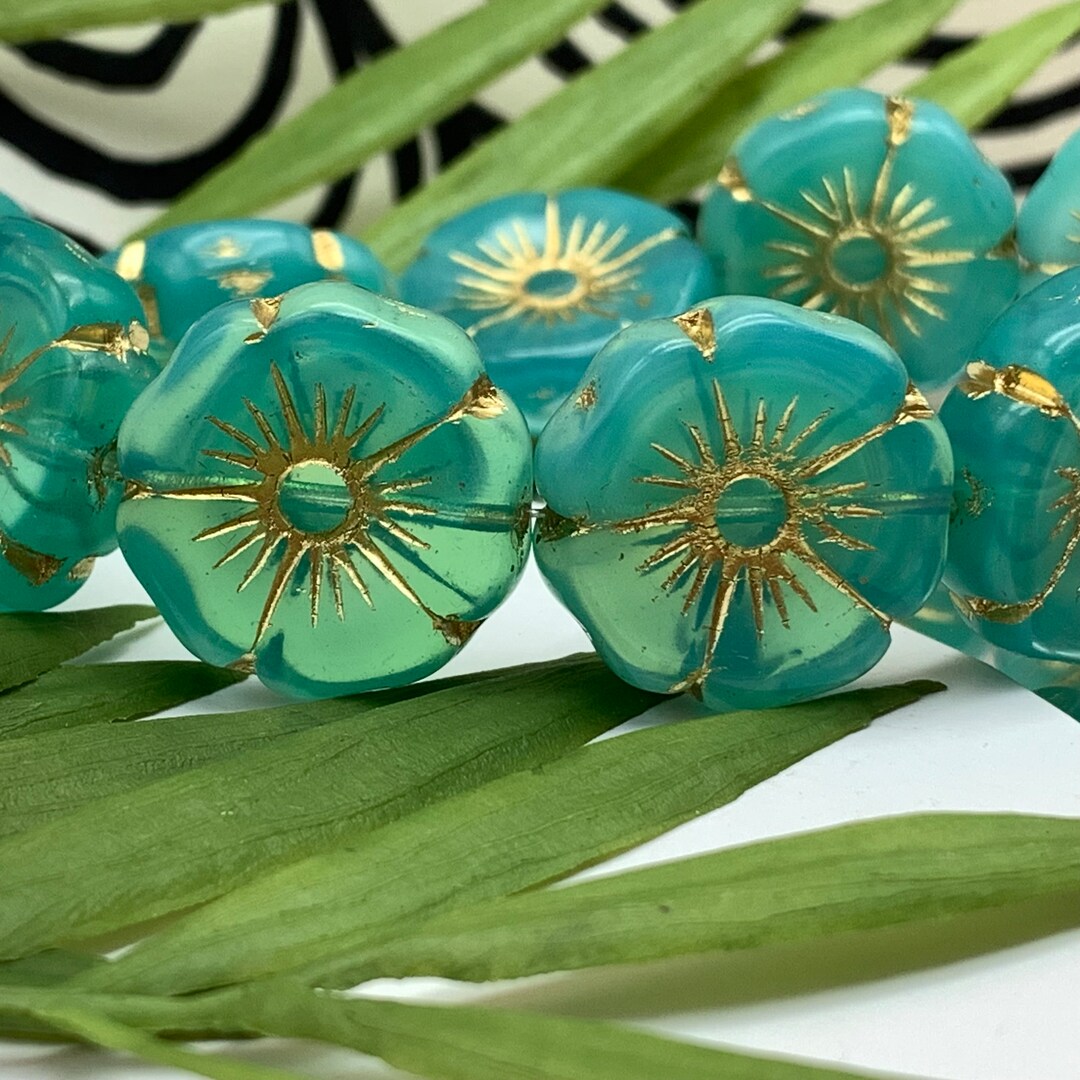 Uranium Blue Flower Beads Czech Glass Flower Beads 4pc XL Hawaiian ...