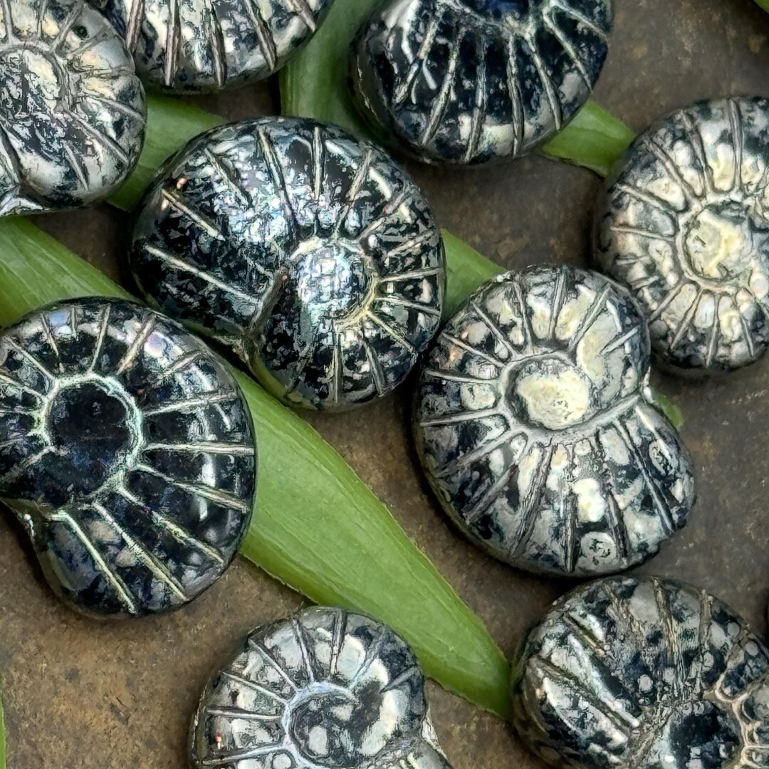 Black Shell Beads • Czech Glass Snail Beads • Black W Silver Metallic ...