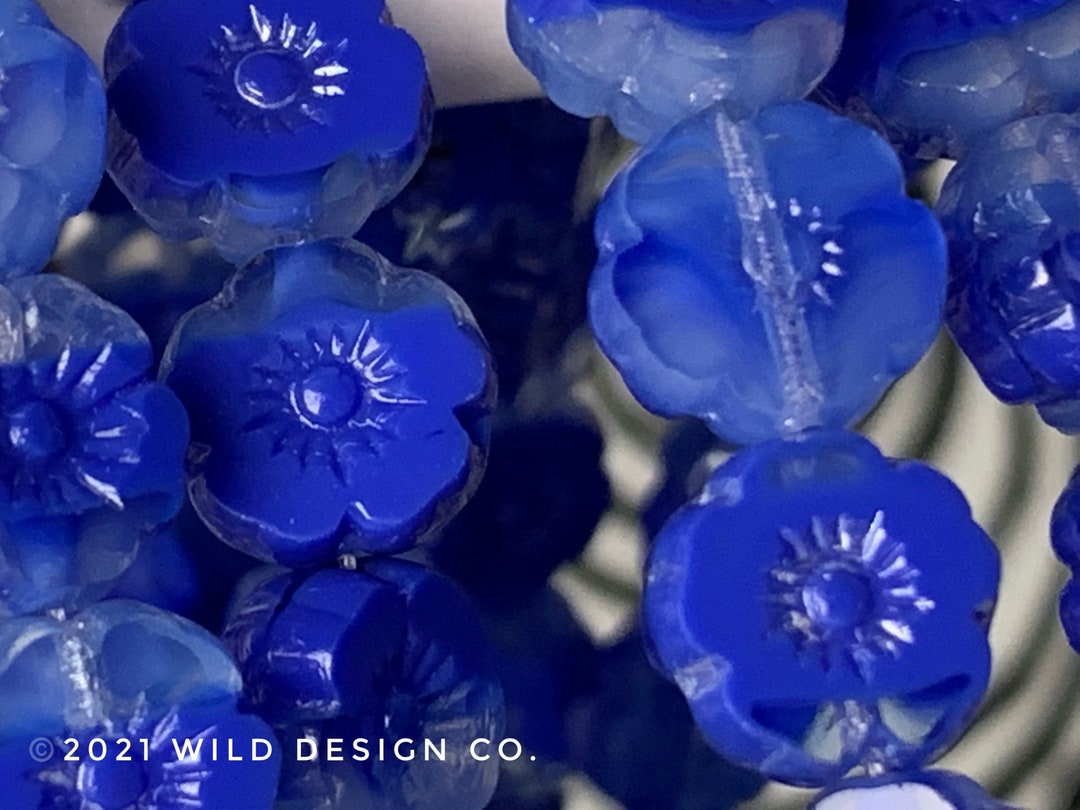 Blue and Clear Flower Beads 8mm Czech Glass Hawaiian Flower Beads 10pc ...