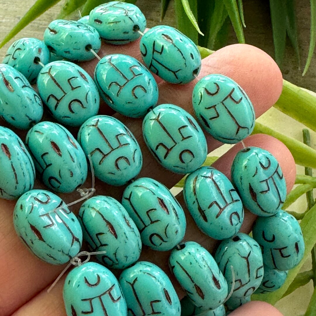 Scarab Beads 14x10 Scarab Turquoise Czech Glass Beads 6pc Egyptian ...