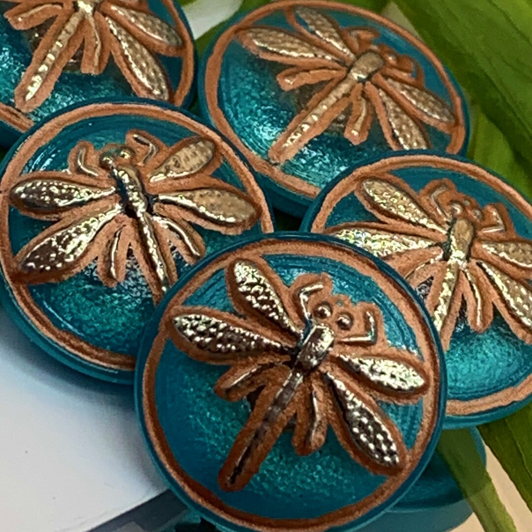Czech Dragonfly Buttons Gold Copper Turquoise Green Metallic Czech ...