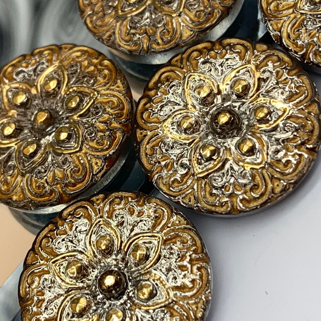 Gold Floral Cabochon Czech Glass Cabochon Silver and Gold Button Style ...