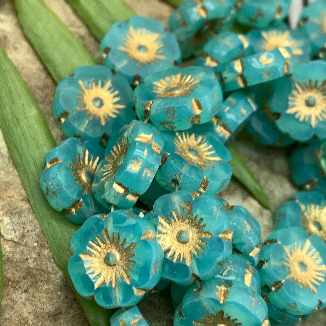 Aqua Blue Flower Beads Czech Glass Aqua Opaline 12mm Hawaiian Flower ...