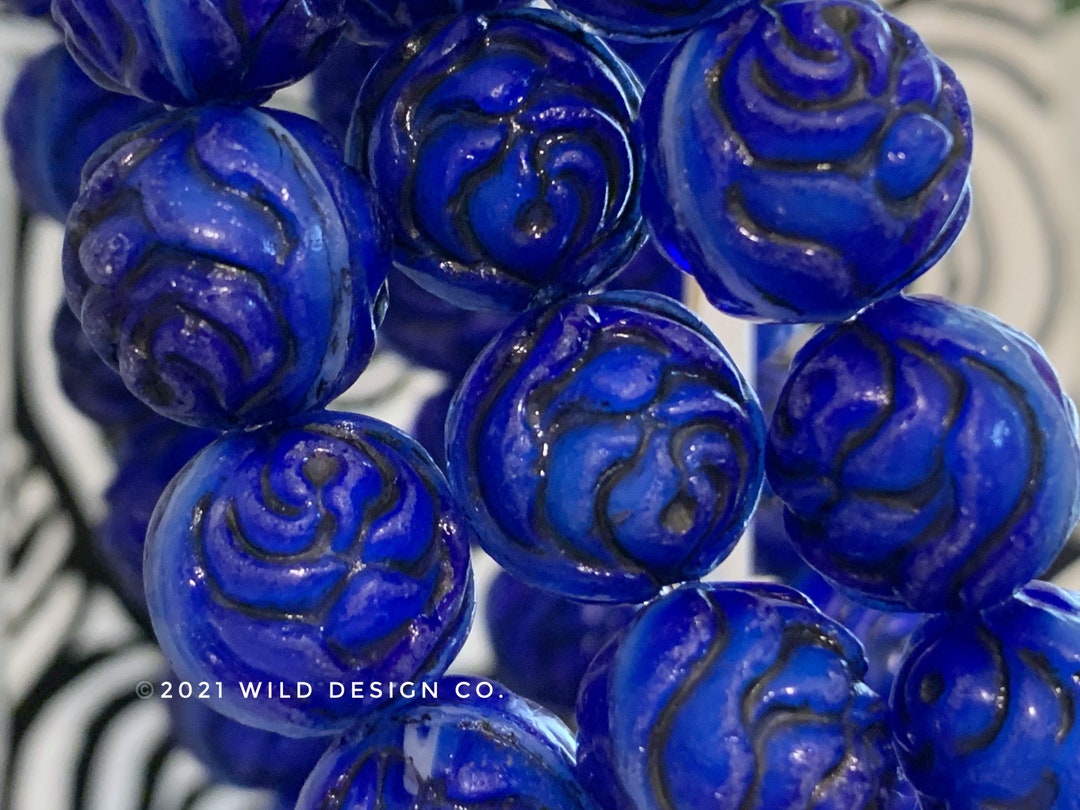 Blue Rose Flower Beads 13mm 5pc Czech Glass Round Rose Bud Flower Beads ...