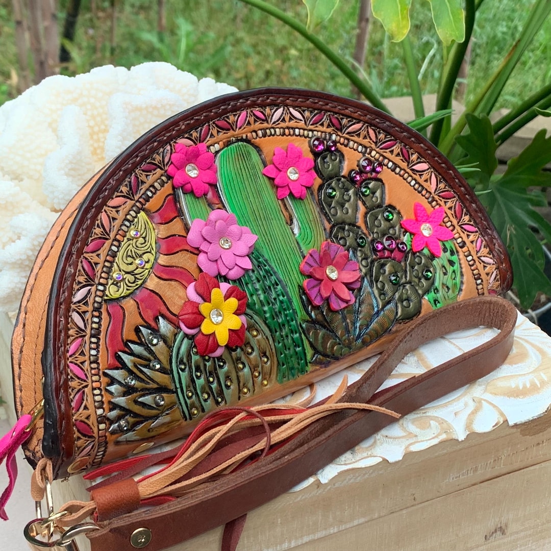Cactus Purse • Tooled Leather Purse • Leather Half Moon Clutch • Bright ...