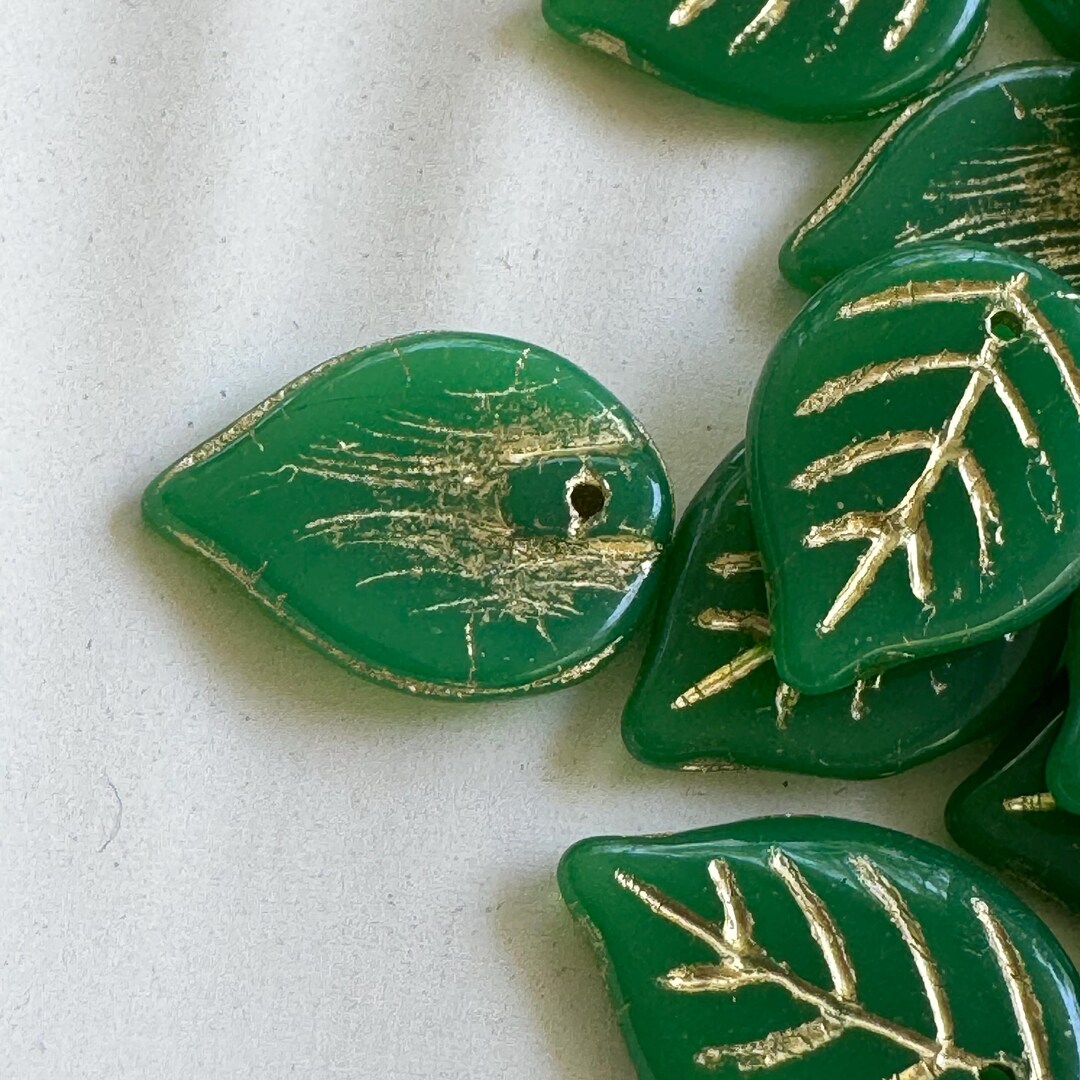 Green Leaf Beads • Green Opaline Leaf Beads • Czech Glass Leaves • 15pc ...