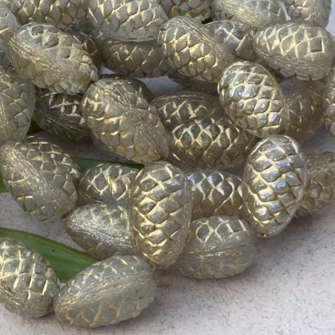 Czech Pine Cone Beads • Clear AB and Gold Pine Cone Beads • 13x8mm 5pc ...