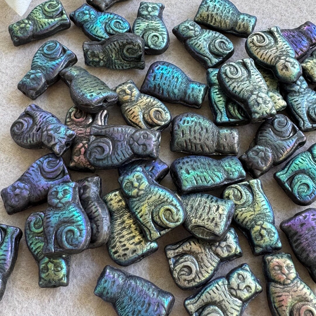 Cat Beads • Purple Black Blue• 6pc Czech Glass Cat Beads • Czech Animal ...