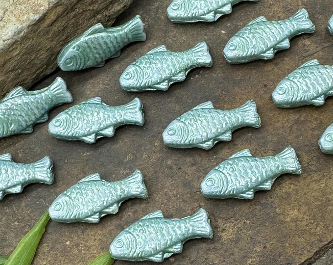Blue Fish Beads Czech Glass Fish Beads, Pearly Blue Fish Beads 25mm ...