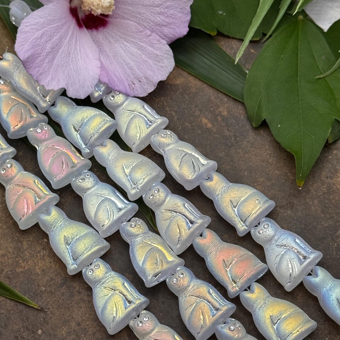 Crystal AB Matte Cat Beads 2pc Czech Glass Cat Beads Czech Animal Beads ...