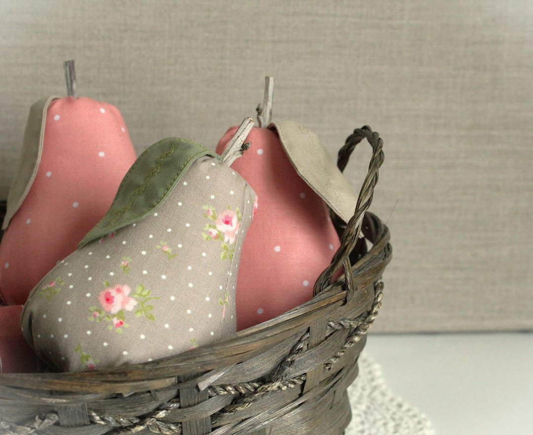 Handmade Pears Set: Rose Pink, Tan Floral Fabric, Farmhouse Bowl ...