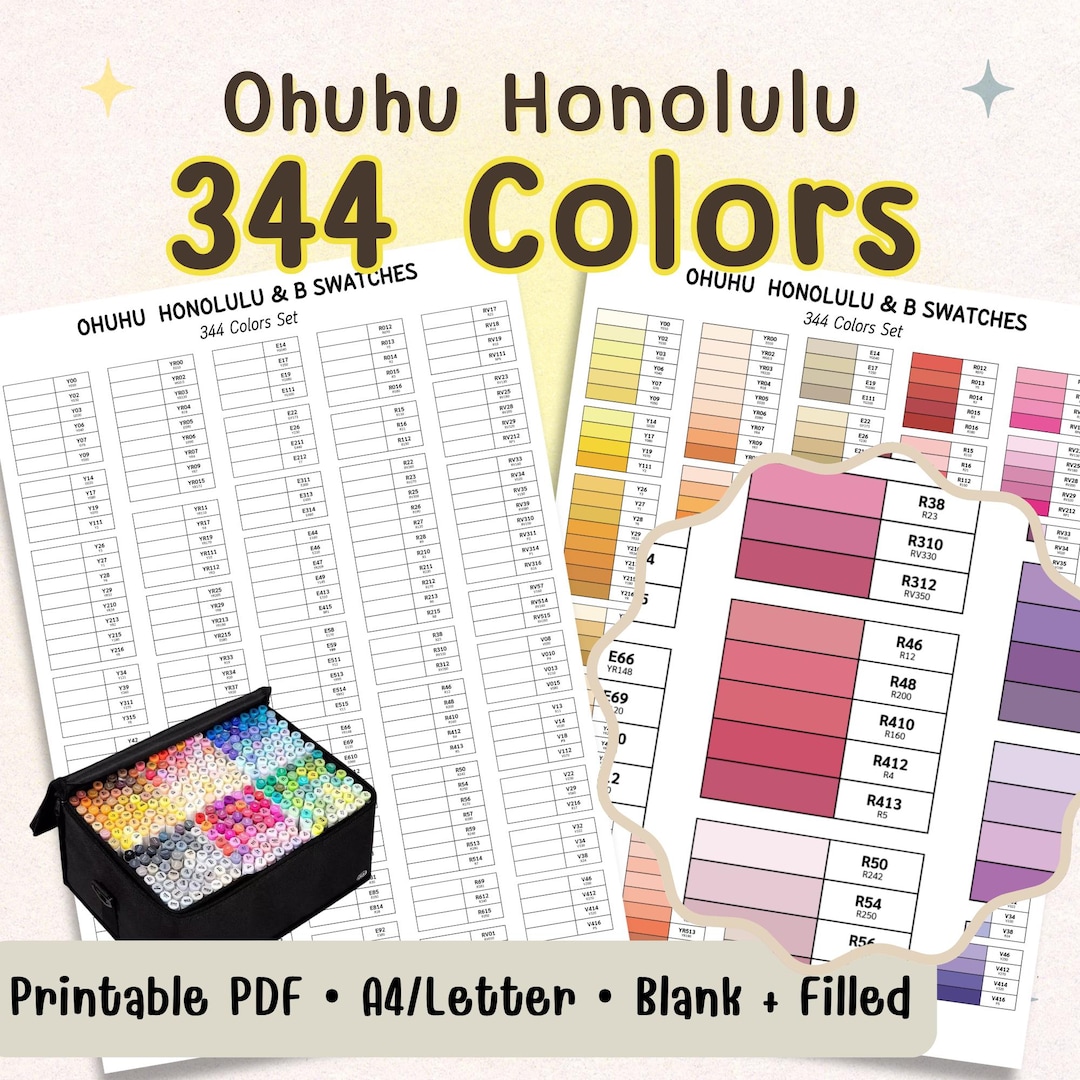 Ohuhu Honolulu 344 Marker Color Chart | Blank & Pre-filled (A4 Digital ...