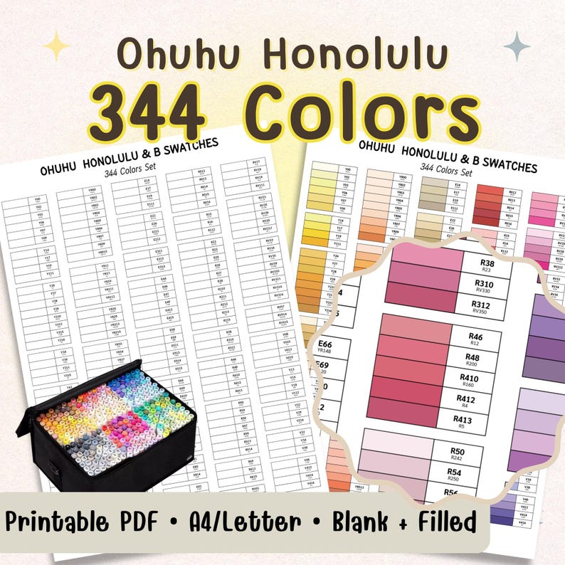 Ohuhu Honolulu 344 Marker Color Chart | Blank & Pre-filled (A4 Digital ...