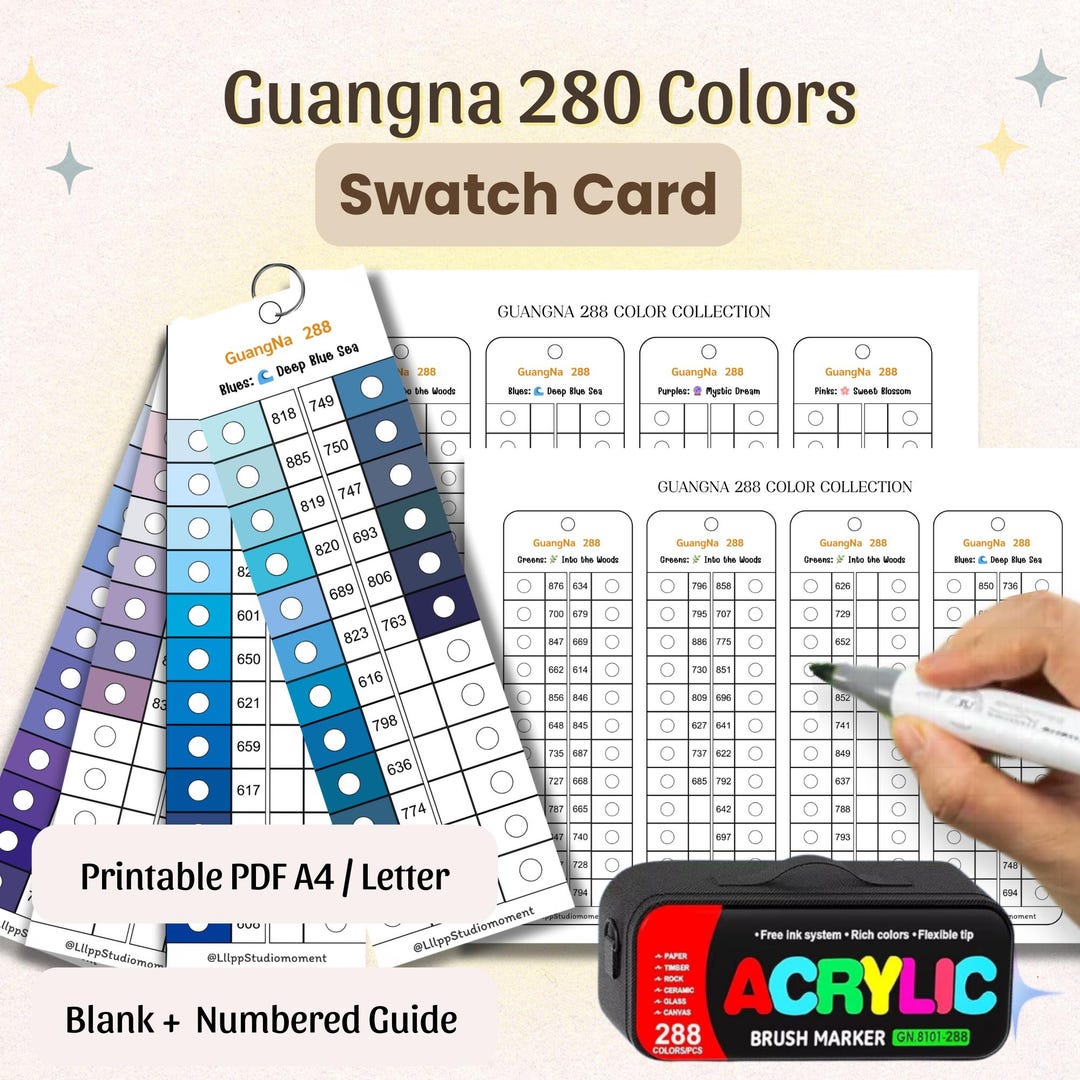 Guangna 288 Color Swatch Chart Printable | Organized by Color Family ...