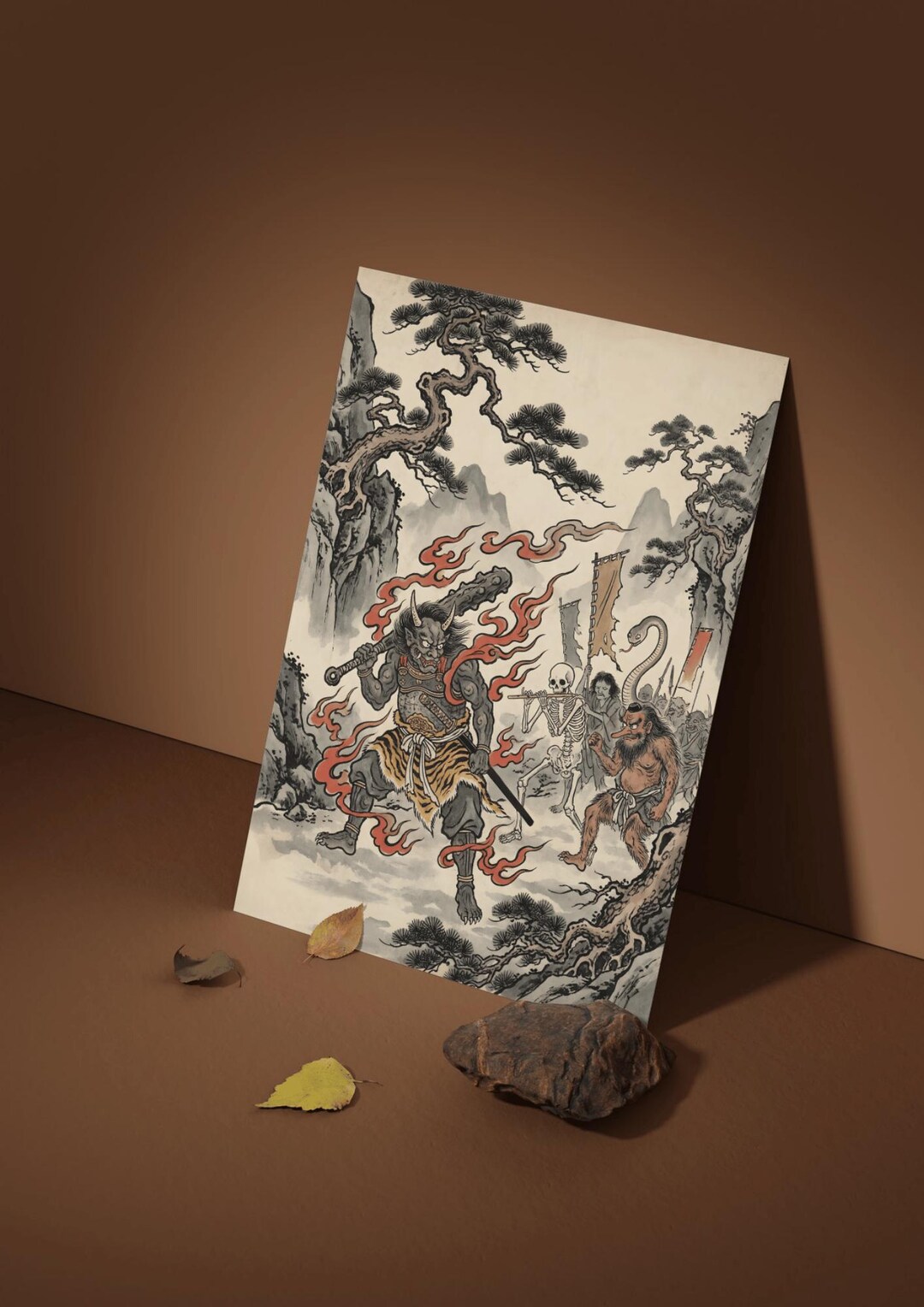 Japanese Yokai March Print, Dark Oni Warlord, Skeleton Flute, Sumi-e ...