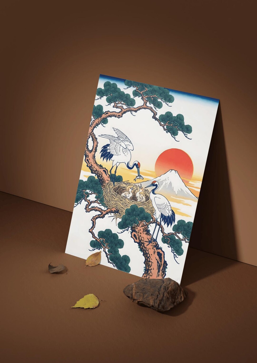 Japanese Crane Family Print, Pine Tree Nest, Baby Chicks, Mount Fuji ...