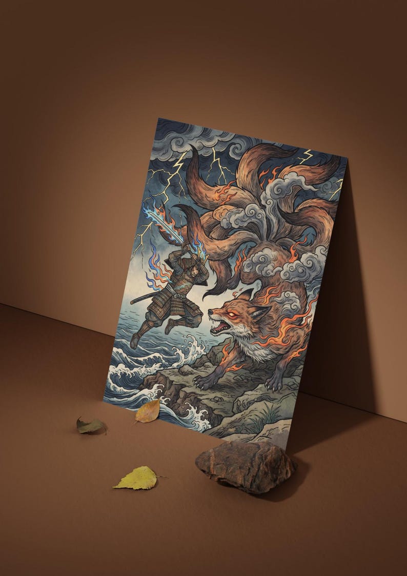 Samurai Vs Nine-tailed Fox Kitsune Art Print, Fire Battle Ukiyo-e Wall ...