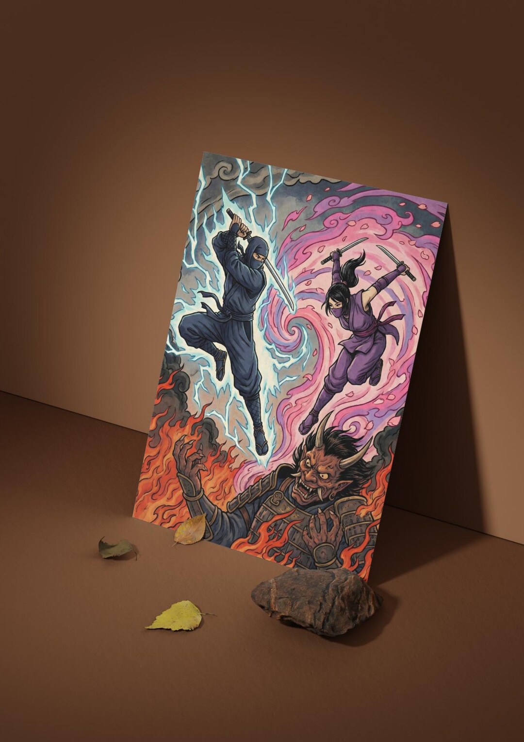 Japanese Ninja Kunoichi Couple Print, Blue Lightning Pink Sakura, Oni ...