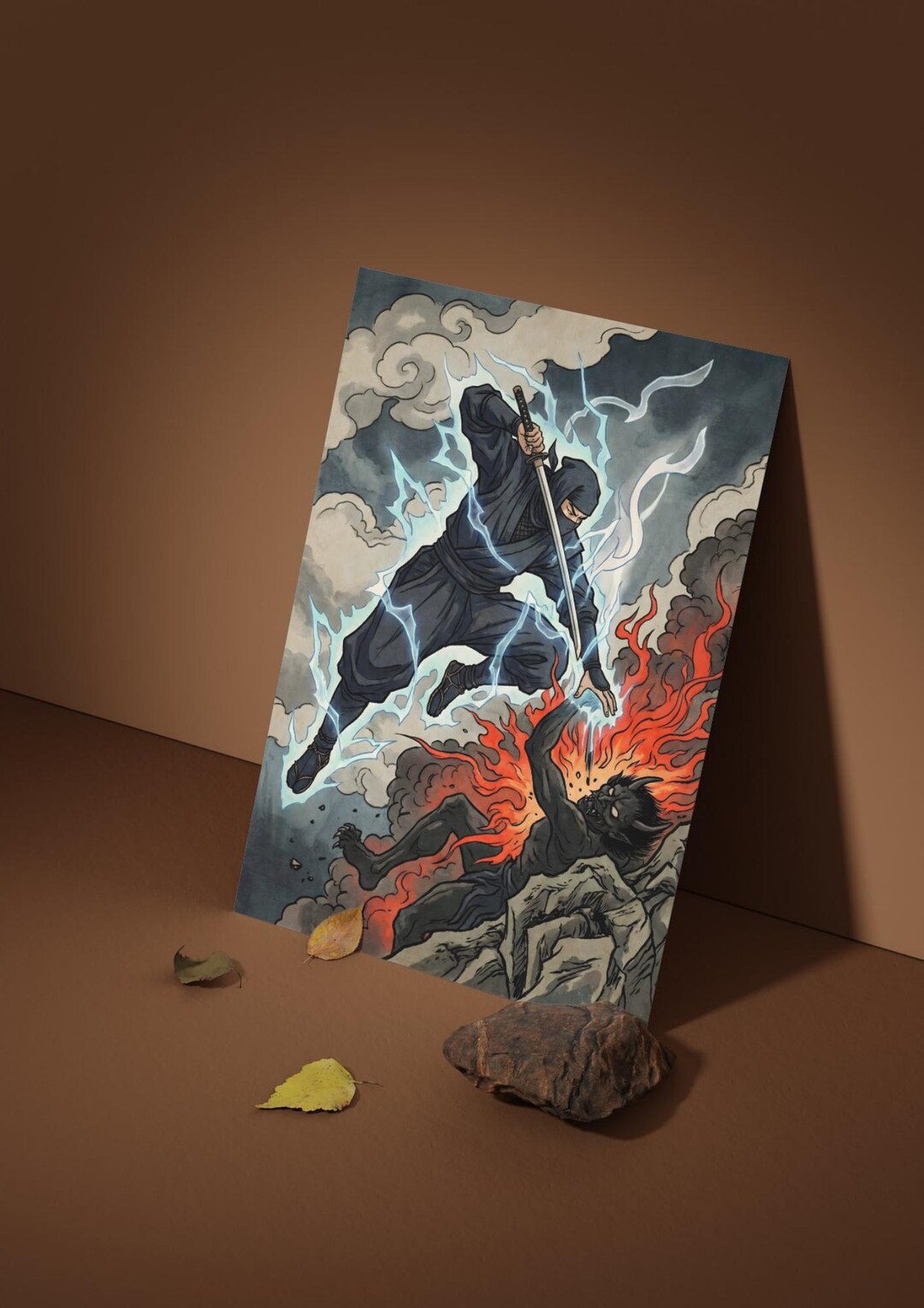 Japanese Ninja Vs Demon Print, Blue Lightning Red Fire, Yokai Battle ...