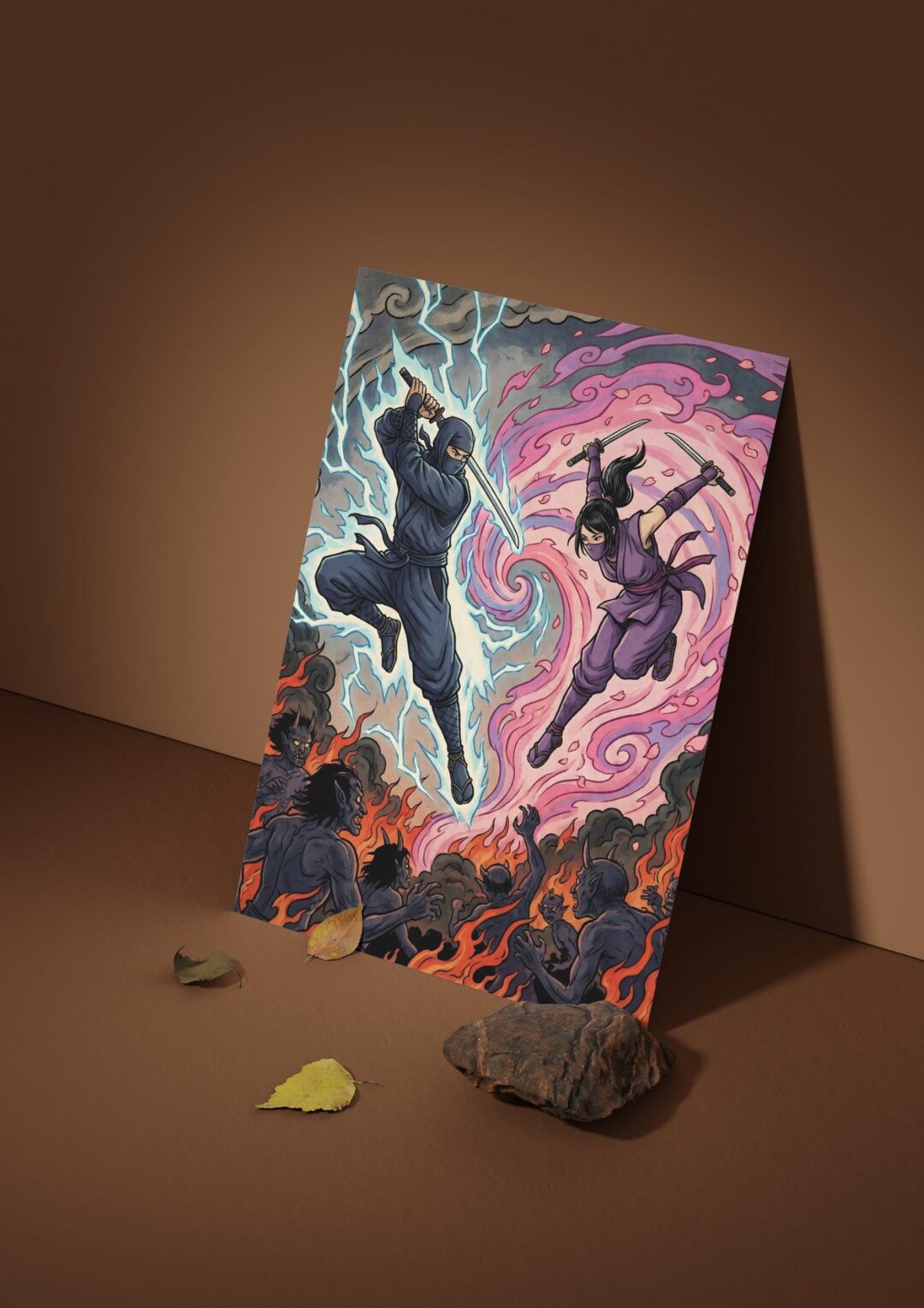 Japanese Ninja Couple Print, Kunoichi Shinobi Battle, Blue Lightning ...