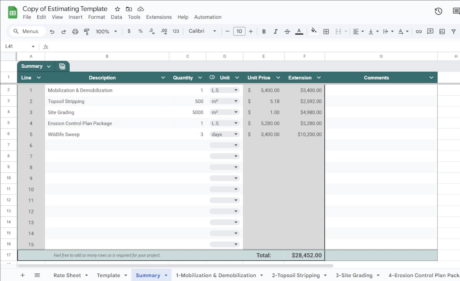 Construction Estimate Template Google Sheets & Excel | Automated ...