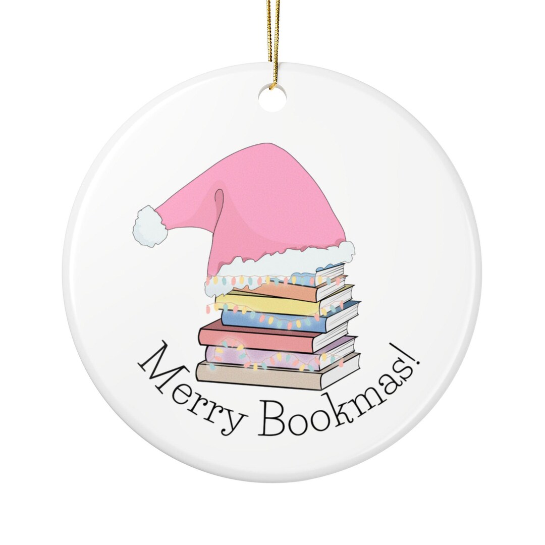 Merry Bookmas Stack of Books With Santa Hat Ornament | Ceramic Holiday ...