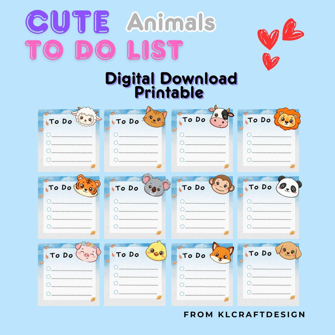 12 Kawaii Animal to Do List | Printable Sticky Notes | Planner Note ...