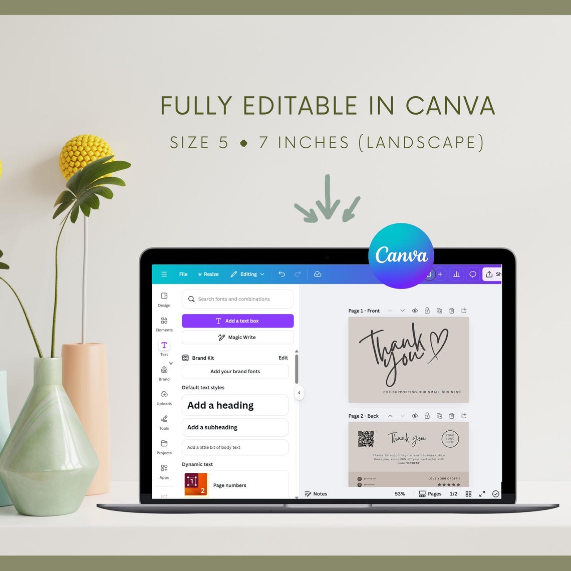 Small Business Thank You Card Canva Template, Printable 5x7 Landscape ...