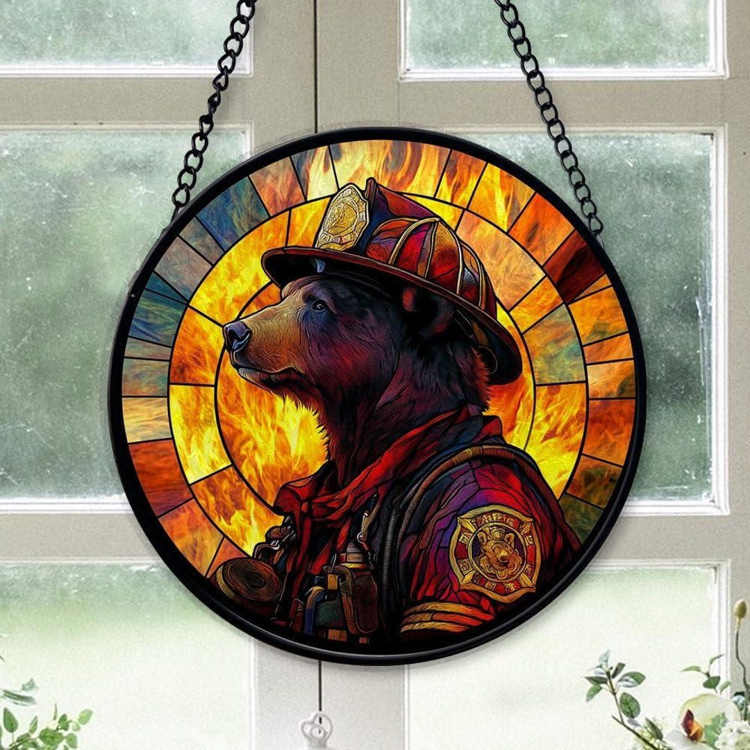 Fireman Bear Stained Glass Suncatcher Christmas Gift 2026 Window ...
