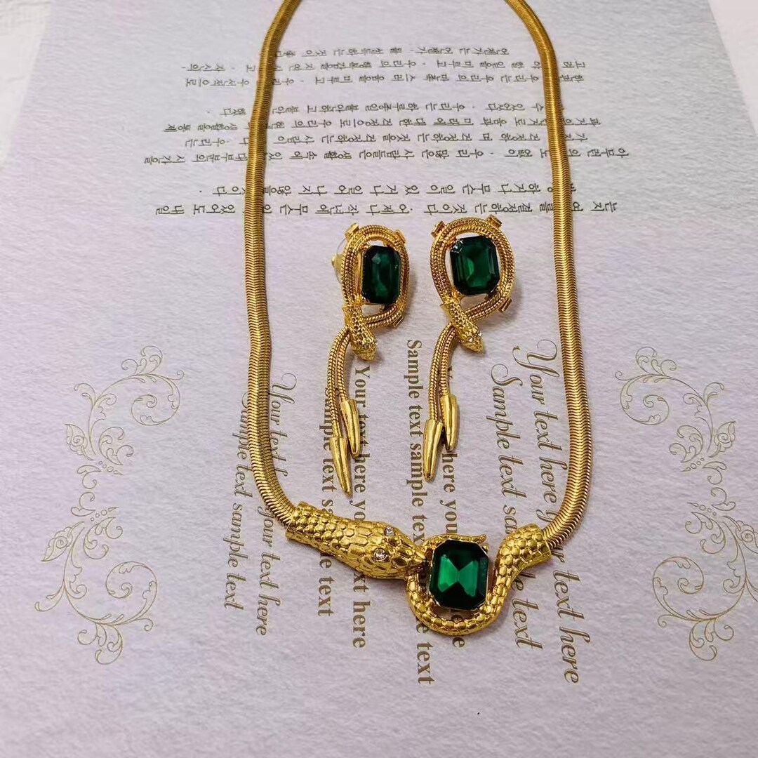 Snake Jewelry Set – Gold Snake Necklace & Earrings With Emerald Green ...