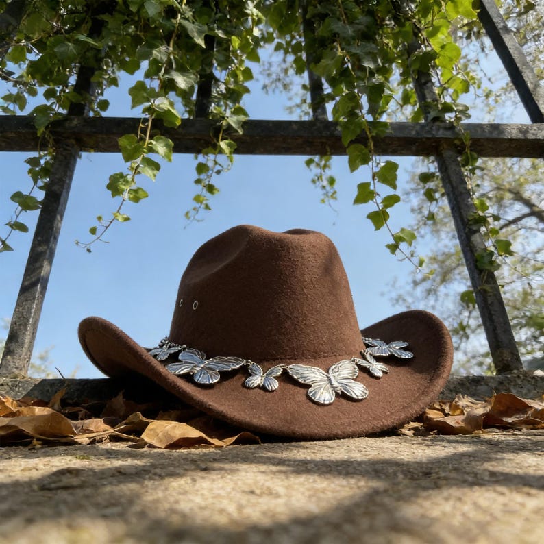 Butterfly Decor Felt Cowboy Hat Handmade Western Fedora With Metal ...