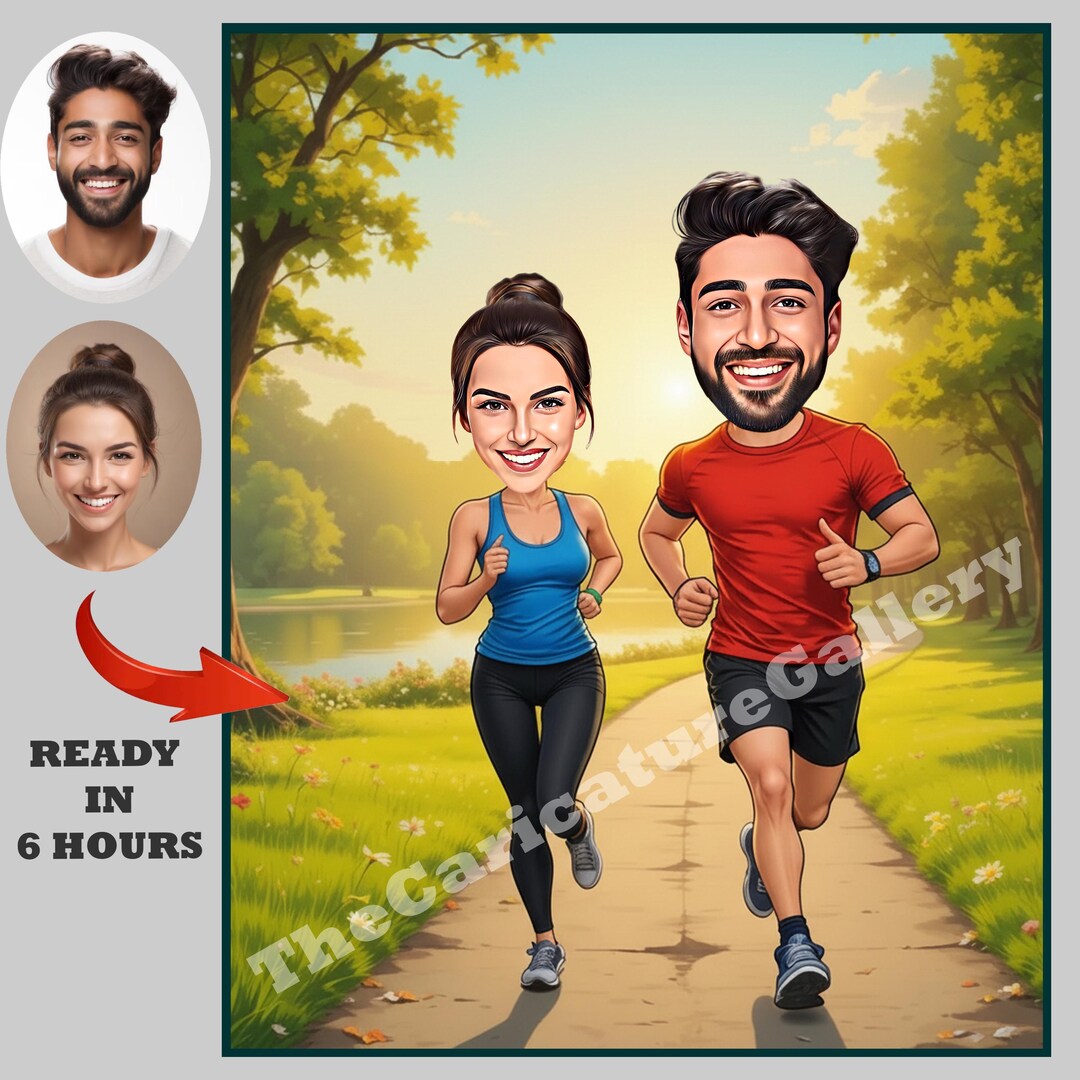 Custom Running Caricature • Couple Portrait, Fitness Gift (digital ...