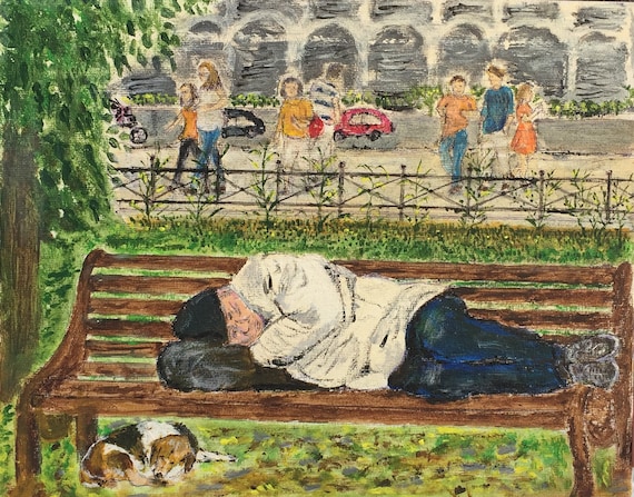 Person Sleeping On Bench Drawing