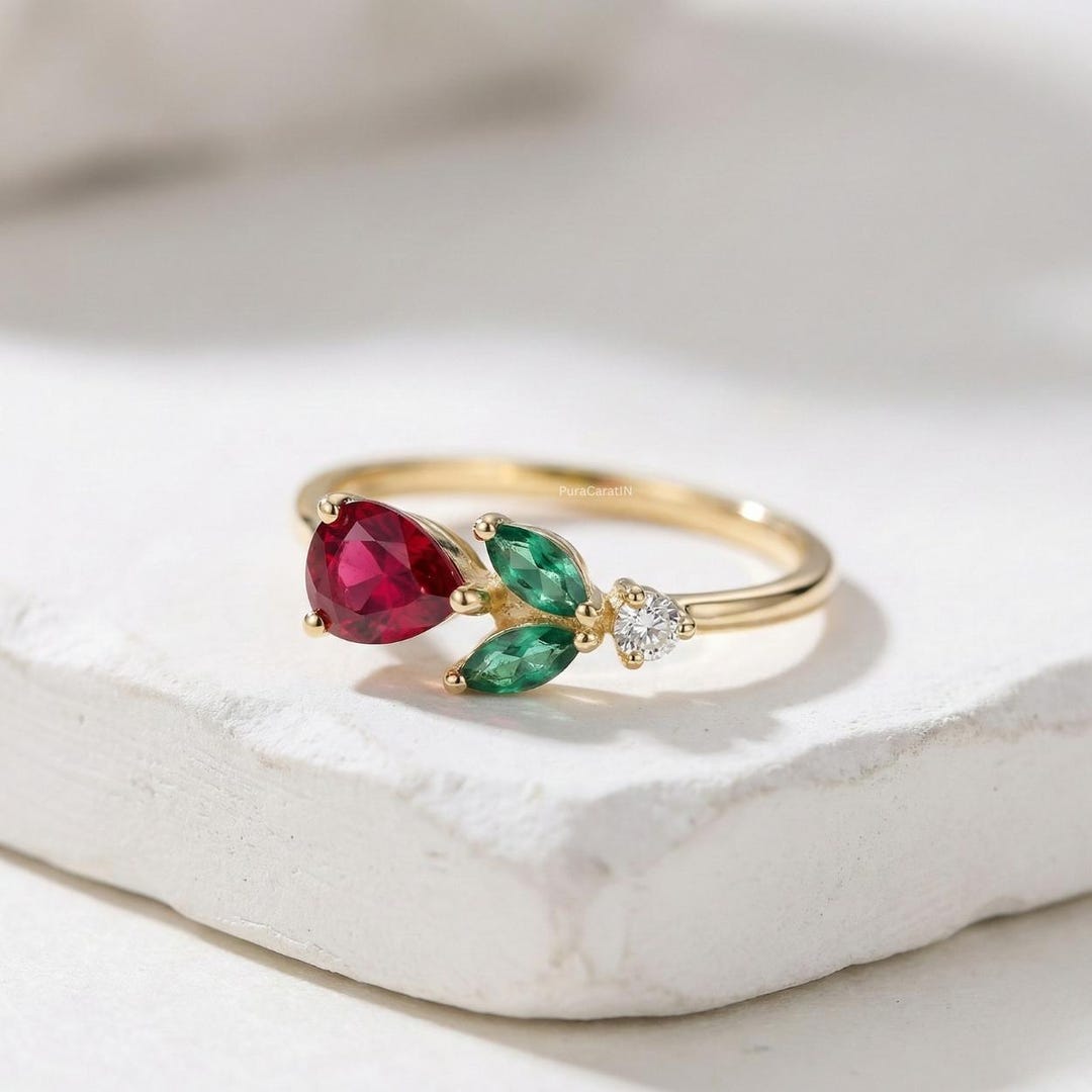 Pear Cut Ruby Tulip Ring Marquise Emerald Leaf Ring, Unique Flower ...