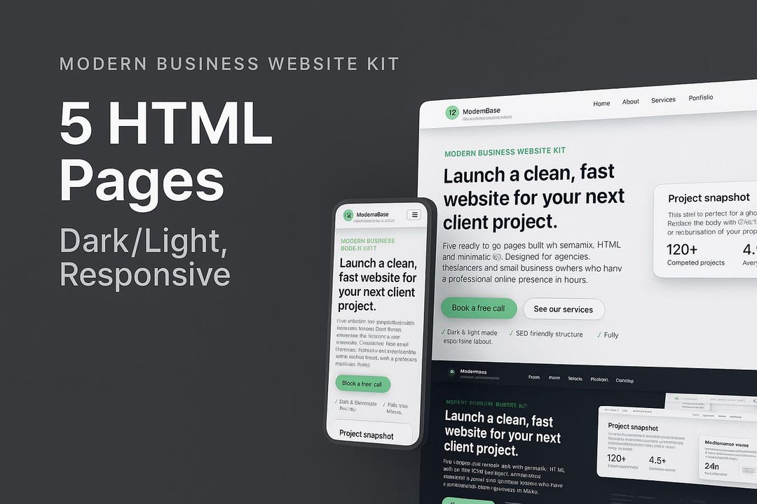 Modern Business Website Kit – 5 HTML Pages (dark/light, Responsive) - Etsy