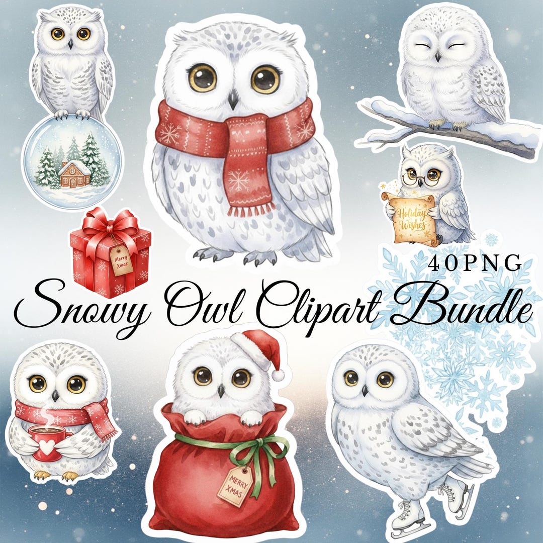 Snowy Owl Christmas Clipart | Watercolor Winter Animals (PNG) - Etsy