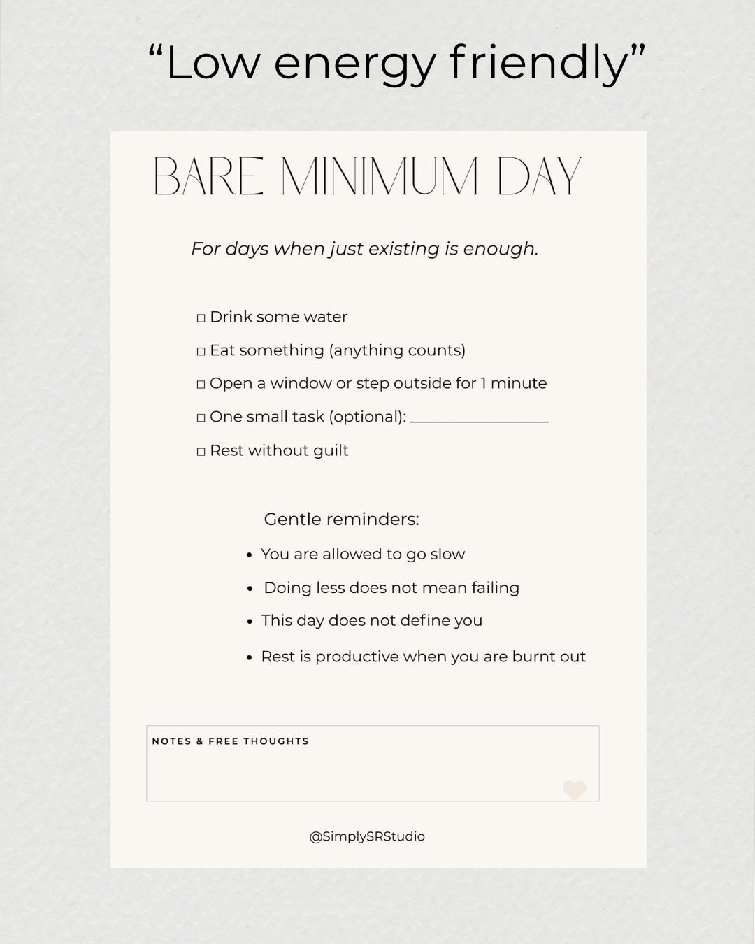 Bare Minimum Day Printable | Mental Health Checklist | Low Energy Self ...