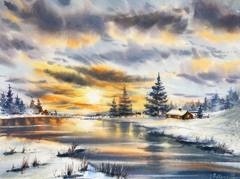 Hand-painted Landscape of a Quiet Winter Landscape, Original Watercolor ...