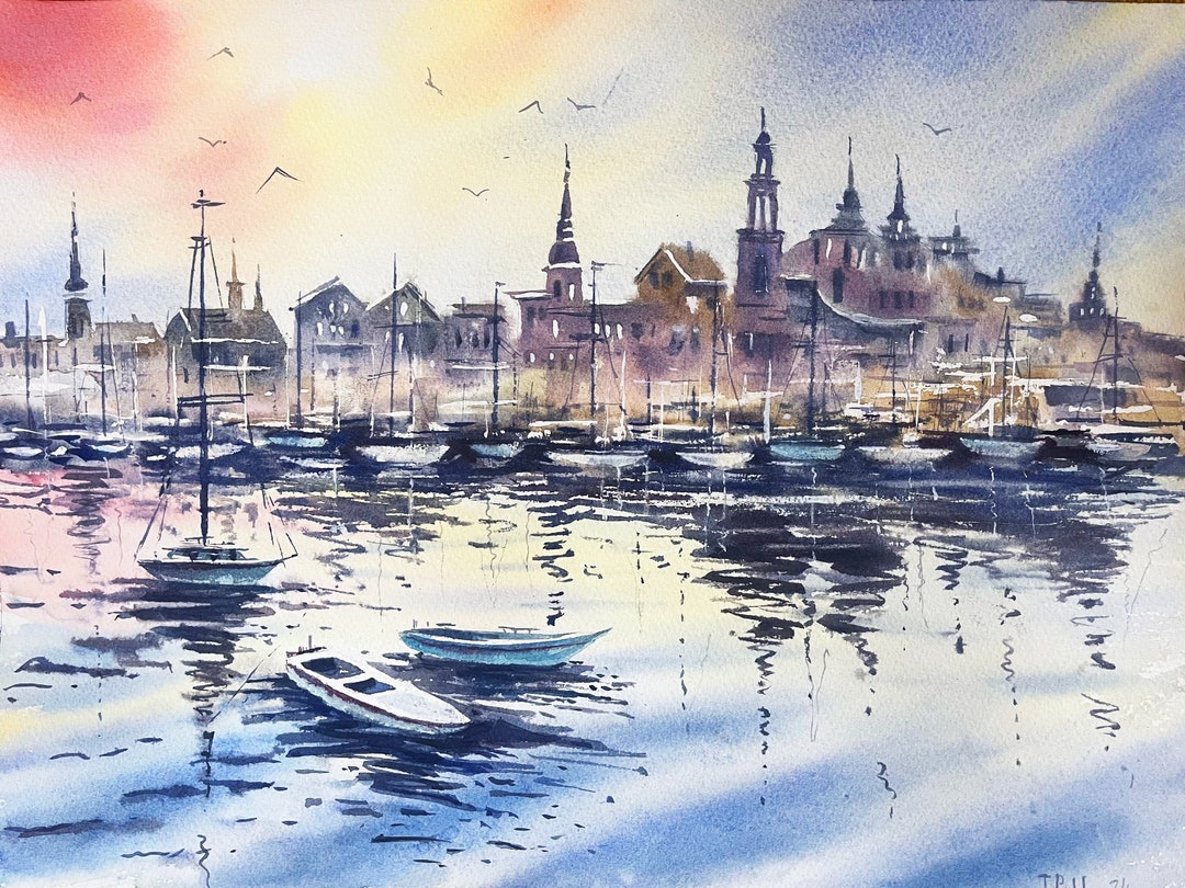 Original Watercolor Landscape, Yacht Nautical Coastal Harbor Artwork ...