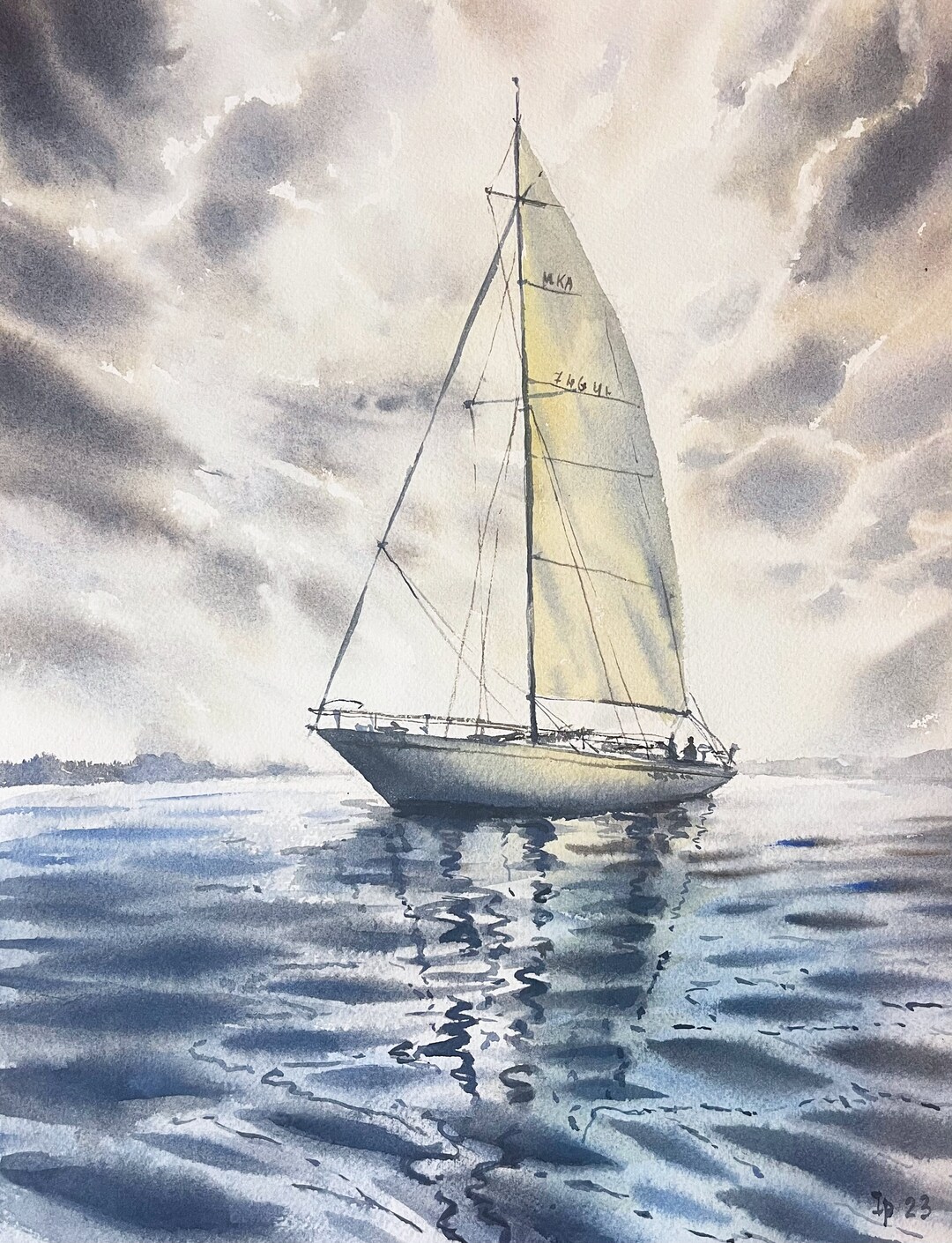 Original Watercolor Landscape, Yacht Nautical Artwork, Sail Boat ...