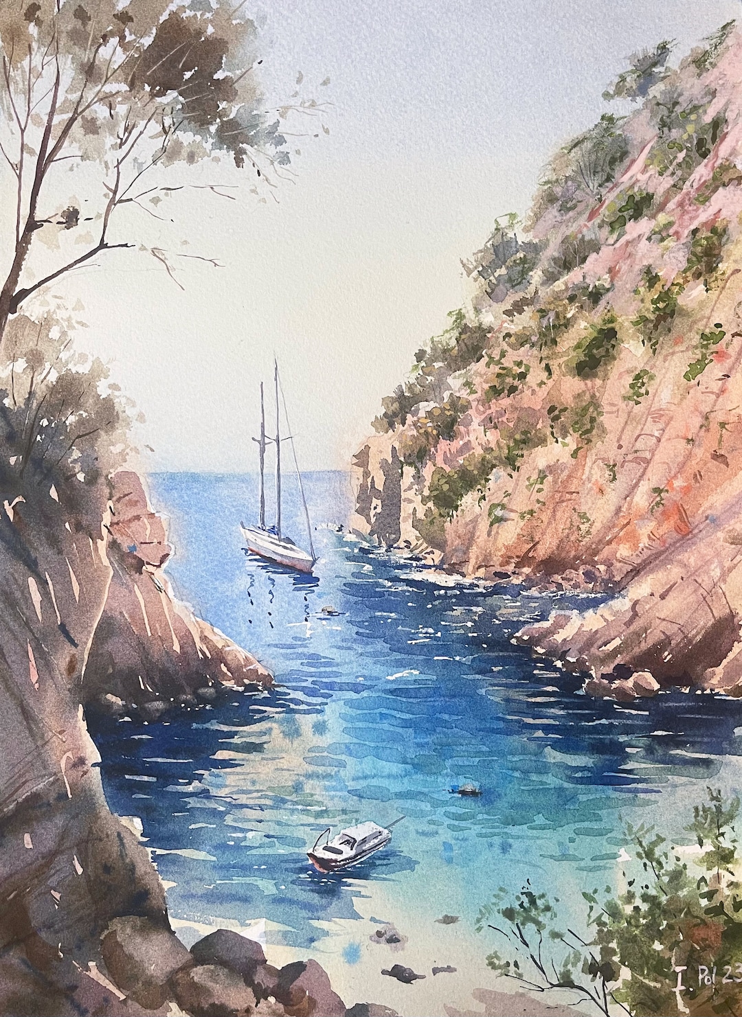 Original Watercolor Landscape, Yacht Nautical Coastal Harbor Artwork ...