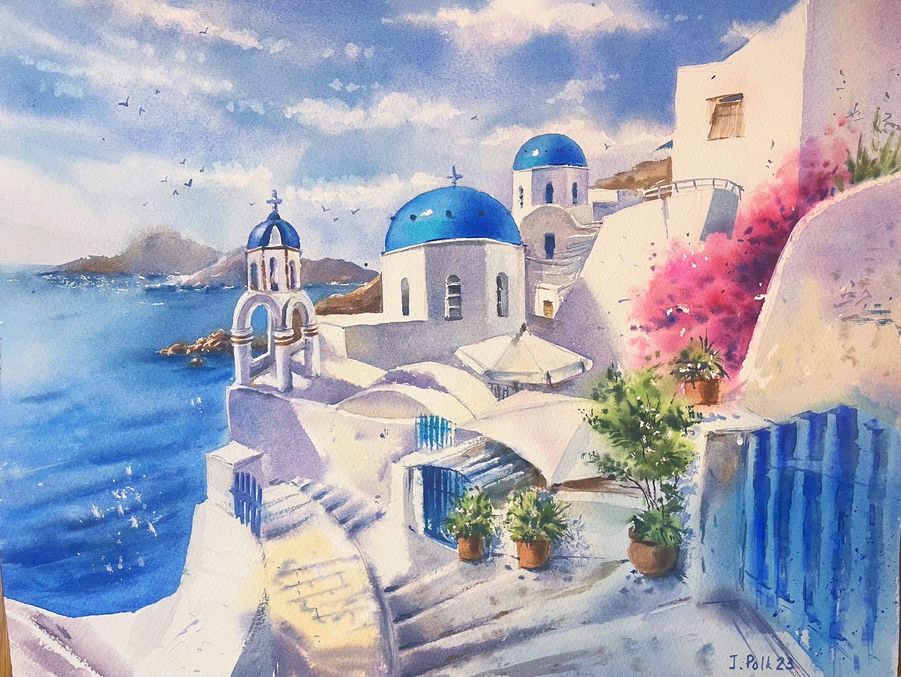 Original Watercolor Landscape, Santorini Seascape Coastal, Greece ...