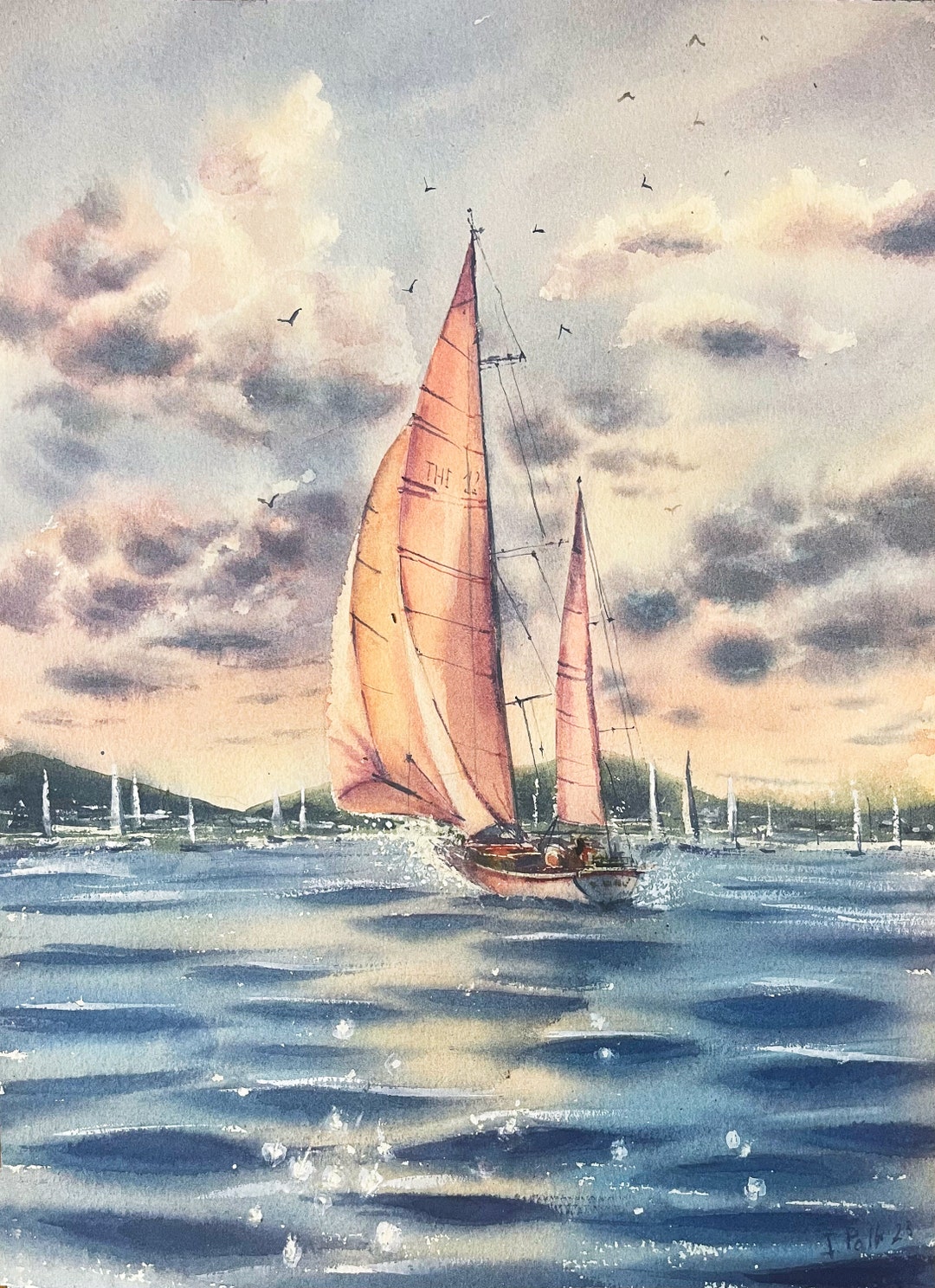 Original Watercolor Landscape, Yacht Nautical Coastal Harbor Artwork ...