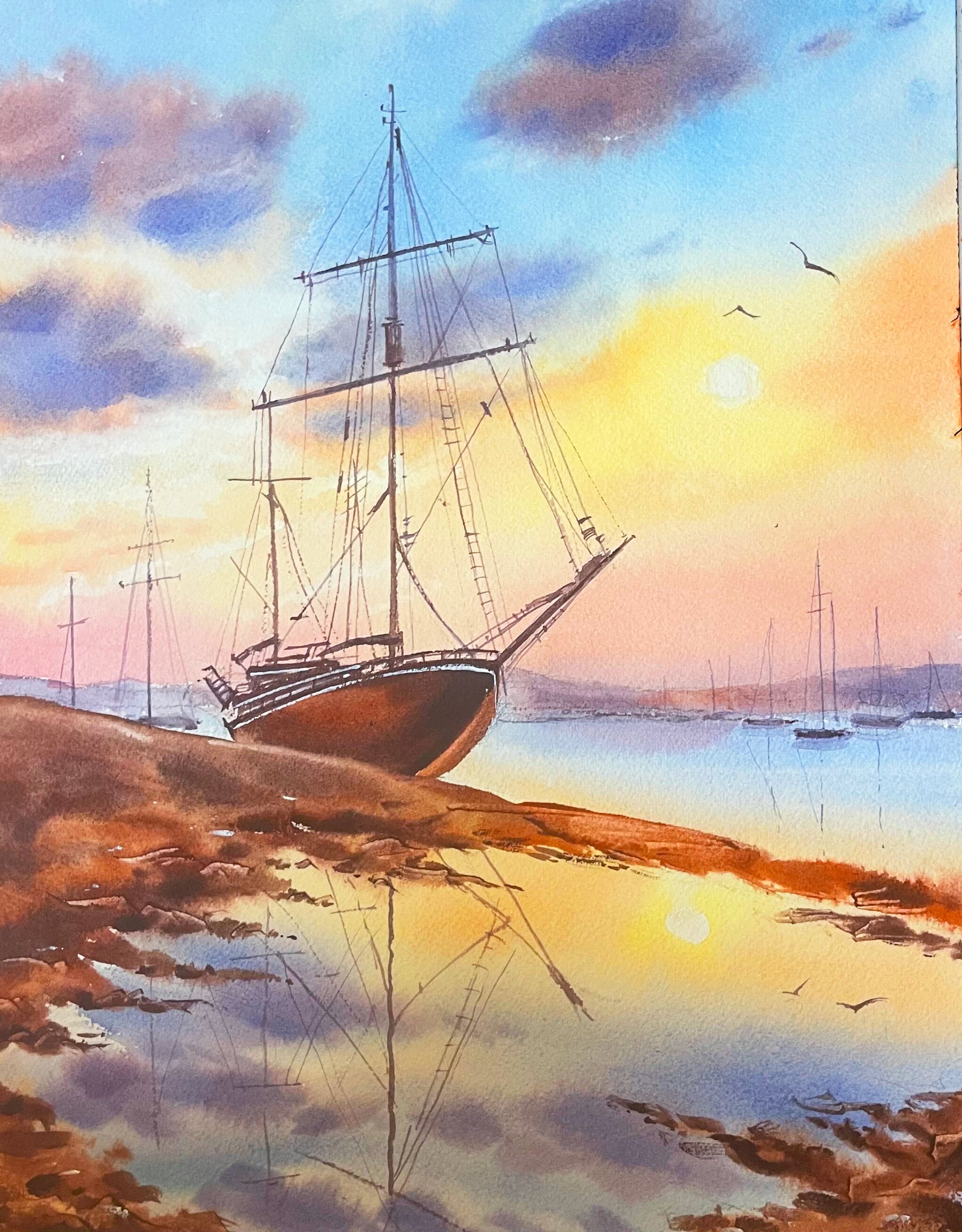 Original Watercolor Landscape, Nautical Coastal Harbor Sunset Artwork ...