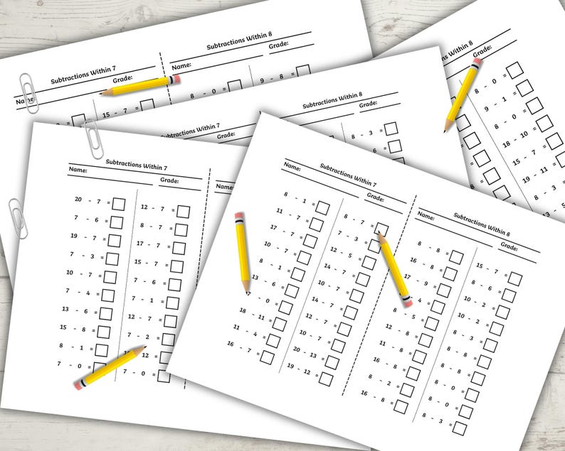 Subtraction Within 7 & 8 Worksheets | Grade 1-2 Printable Math PDF - Etsy
