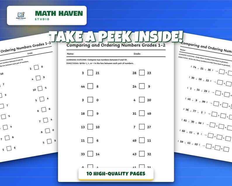 Grade 1-2 Math Worksheets: Comparing and Ordering Numbers (10 Pages) - Etsy