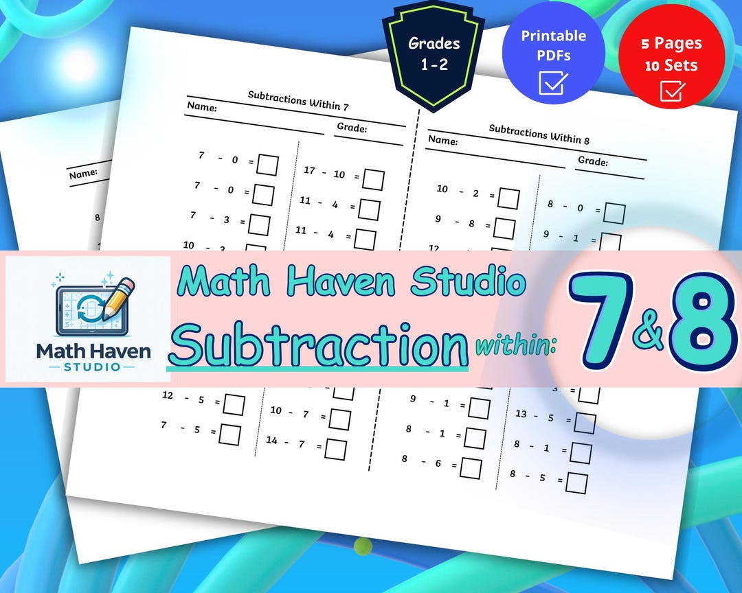 Subtraction Within 7 & 8 Worksheets | Grade 1-2 Printable Math PDF - Etsy